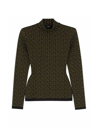 Balmain Khaki Monogram Stretch Knit Jumper Size M