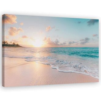 Feeby Wanddeko Strand Leinwandbild Kunstdruck Sonnenuntergang Blau 60x40 cm