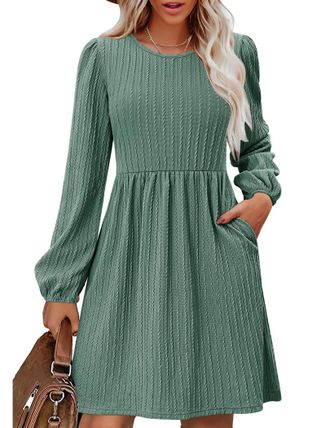 Zeagoo Damen Kleid Langarm Rundhals Strickkleid Casual Loose Fit Herbstkleid A Linie Kleider Winter Dress Freizeitkleid Gr&uuml;n XXL