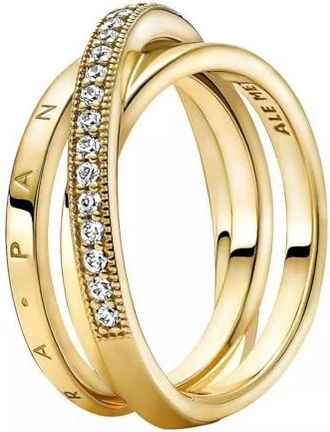 Pandora Pandora Signature Bague anneau triple croisé Pavé en métal plaqué or 14 carats avec zircones cubiques transparentes, taille 58