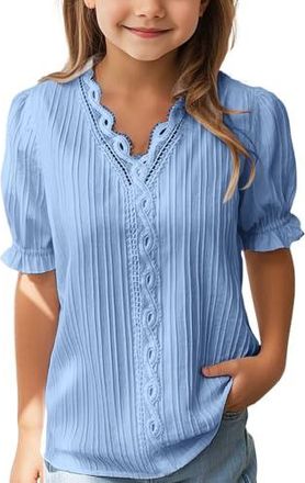 Generic Chemisier Chic Fille Manches Court - Haut Enfants Chic Et Elegant Tops Couleur Unie Chemise Col V Hauts avec Manches Shirt Respirant T-Shirt Soir&eacute;e Ch