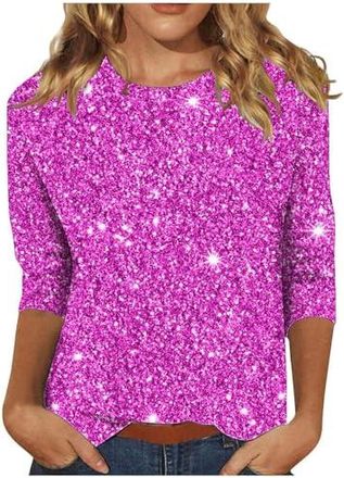 Generico Chemise &eacute;l&eacute;gante pour femme avec paillettes brillantes - Col rond avec fermeture &eacute;clair - Haut pour femme - Pour f&ecirc;te, printemps, vacances, f&ecirc;te, d&eacute;co