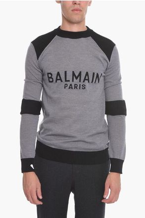 Balmain Crew Neck Virgin Wool Sweater with Ribbed Details size M