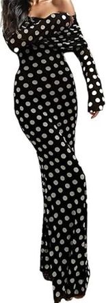Generic Robe longue &agrave; manches longues et &eacute;paules d&eacute;nud&eacute;es &agrave; pois pour femme, coupe ajust&eacute;e, robe de sir&egrave;ne moulante pour soir&eacute;e, soir&eacute;e et rendez-vous galant,