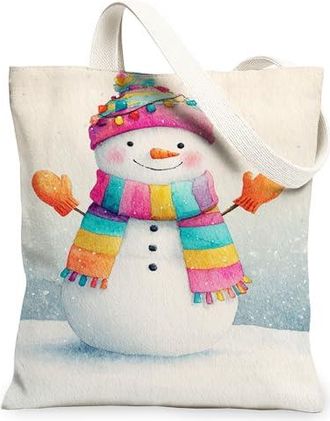Generic Sacs fourre-tout en toile motif bonhomme de neige color&eacute;, sacs d&eacute;picerie r&eacute;utilisables, l&eacute;gers et lavables avec bandouli&egrave;re, Blanc, 13x15 Inch