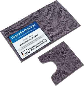 WohnDirect Badematten Set 2 teilig Grau - WC Vorleger (45x45cm), Badematte (50x80cm) - rutschfest waschbar Badezimmerteppich MIT WC-Ausschnitt