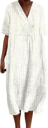 Generic Robe d&eacute;t&eacute; &eacute;l&eacute;gante en lin pour femme - Robe basique - Col en V - Manches courtes - Robe de plage vintage - Robe ray&eacute;e - Grandes tailles - Confortable 