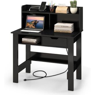Costway Costway - Bureau dOrdinateur avec Prises de Courant et Ports usb & Type-C, Bureau avec Rangement, &Eacute;tag&egrave;re Ouverte & Tiroir, pour Bureau &agrave; Domicile
