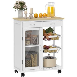 HOMCOM Desserte de cuisine &agrave; roulettes, &icirc;lot central cuisine avec plateau en bambou, porte vitr&eacute;e, 67 x 35 x 80 cm, blanc-Blanc