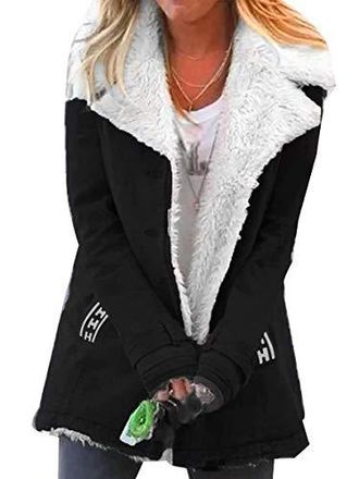 Minetom Femme Fille Hiver Chaud Manteau Casual col Rabattu col Boutonn&eacute; &agrave; Manches Longues &Eacute;paissir Doubl&eacute; Peluche Parka Rembourr&eacute;e Veste Blouson Top Noir 46