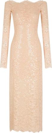 Paco Rabanne Femme, Robes, Rose, Taille: 38 FR Robe Maxi &agrave; Sequins en Dentelle Stretch Festonn&eacute;e