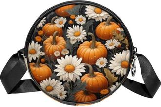 Generic Petit sac &agrave; bandouli&egrave;re rond pour femme, motif marguerites citrouilles, sac &agrave; dos &agrave; bandouli&egrave;re r&eacute;glable, sac &agrave; main rond d&eacute;contract&eacute; pour femmes et f