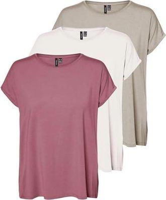 Vero Moda Aware Ava T-Shirt à Manches Courtes, Lot de 3 t-Shirts (Mesa Rose, White Alyssum, Chateau Gray), S