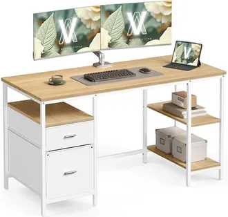 Vasagle Bureau dOrdinateur, Table avec Rangement, 3 &Eacute;tag&egrave;res, 2 Tiroirs, 60 x 140 x 76 cm, pour Bureau, Salon, Style Moderne, Couleur Ch&ecirc;ne Naturel et Blanc P