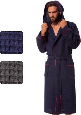 Morgenstern Peignoir Homme Nid DAbeille Gaufré 100% Coton Robe de Chambre Léger Capuche Bleu 4XL