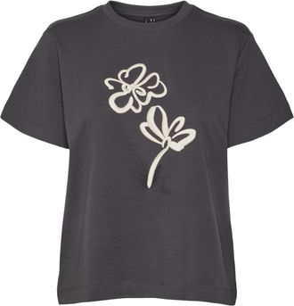 Vero Moda Damen Vmcaya Mette Ss Top Box JRS Ga T-Shirt, Asphalt/Print:2 Flowers, X-Small