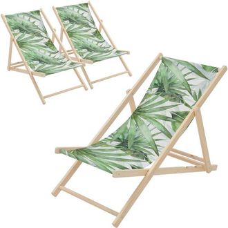 ECD Germany ECD Germany Lot de 3 Chaises Longues Pliantes en Bois Chiliennes, Motif Palmier, Vert-Blanc, Dossier R&eacute;glable, 3 Positions de Couchage, jusqu&agrave; 120