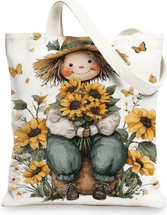 Generic Fanciful Sacs à provisions en toile de tournesol, sacs à provisions réutilisables avec motif floral vintage, légers et lavables avec bandoulière, blan