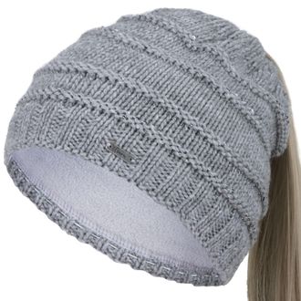 Faera Damen Winterm&uuml;tze Zopfm&uuml;tze Zopfloch Loch Zopf Beanie M&uuml;tze Strickm&uuml;tze 72, Farbe:Grau