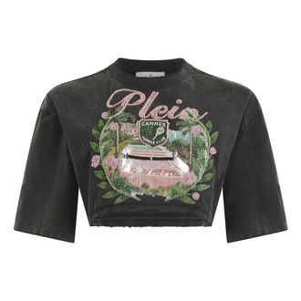 Philipp Plein Cropped T-Shirt Cannes Tennis Club - - Tops - Damen - Schwarzk - M