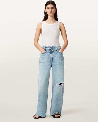 AllSaints Aki - Jean &agrave; taille crois&eacute;e - Bleu clair us&eacute;