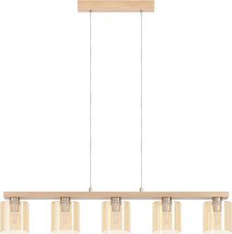 Eglo Hängelampe Castralvo, 5-flammige Pendelleuchte Esstisch, Hängeleuchte aus Glas in amber und Holz in Natur, Esszimmerlampe hängend, E27 Fassung, 121 cm