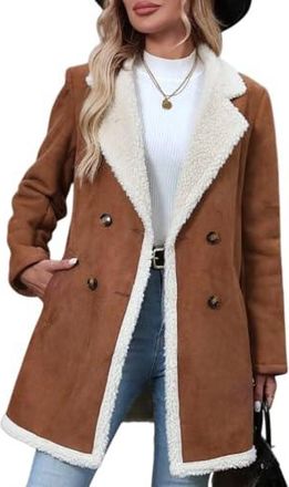 Generic Manteau long doubl&eacute; Sherpa en daim synth&eacute;tique pour femme, revers crant&eacute; &agrave; double boutonnage, fourrure polaire, manteau dhiver chaud, marron, L