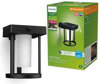 Philips Outdoor Ultra-Efficient Solar Camill Wandleuchte 1,4W, Dual-Bright Sensor, rund, matt, 3000 Kelvin, IP44 wetetrfest, schwarz, Matter Diffusor