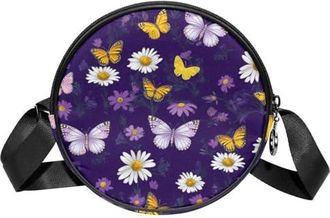 Generic Sac &agrave; bandouli&egrave;re rond pour femme, motif papillons, marguerites, petit sac &agrave; bandouli&egrave;re avec fermeture &eacute;clair, bretelles r&eacute;glables, sac &agrave; main rond d
