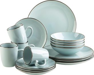 Mäser Modernes Geschirr Set für 4 Personen mit messingfarbenem Rand, 16-teiliges Kombiservice mit randlosen Coupe-Formen, Mint