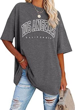 TOMWELL T-Shirt Oversize à Col Rond pour Femme Manche Courte Lettres LA Haut Dété Décontracté Chemise à Manches Courtes Lettres Créatives Blouse Sport Lâches 
