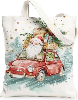 Generic Sacs fourre-tout en toile avec motif de P&egrave;re No&euml;l - L&eacute;gers et lavables - Respectueux de lenvironnement - R&eacute;utilisables, Blanc, 13x15 Inch