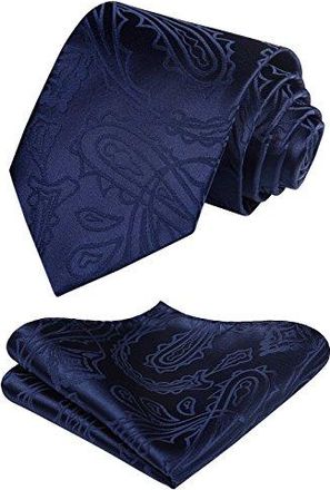 Hisdern hommes solide couleur floral cravate jacquard tisse mouchoir elegant cravate & Pocket Square Set, Bleu Marine-3, Taille Unique