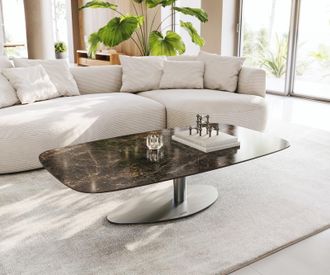 DELIFE Couchtisch Edge Boot 140x80 cm Keramik Emperador Extra Lucidato Dunkelbraun Vibany Edelstahl geb&uuml;rstet, Couchtische