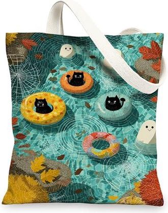 Generic Sacs fourre-tout en toile avec motif de chat mignon, réutilisables, confortables, légers et lavables pour salle de sport, extérieur, voyage, multicolo