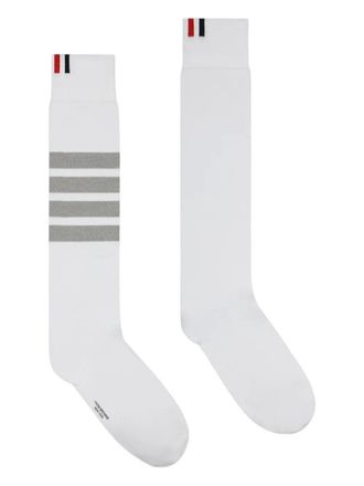 Thom Browne Mid Calf Socks In Lightweight Cotton With 4 Bar Stripe - Blanc