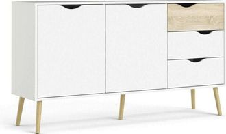 Dmora Sideboard mit zwei Türen und drei Schubladen, Weiß und Eiche, Maße 147 x 81 x 39 cm - Dmora