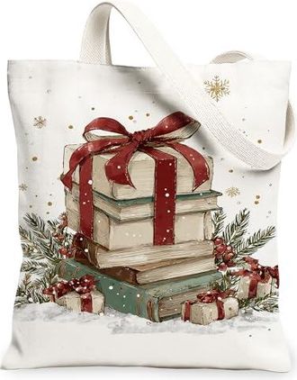 Generic Sacs fourre-tout en toile vintage de No&euml;l, motifs livres de vacances et cadeaux, sacs d&eacute;picerie r&eacute;utilisables, l&eacute;gers et lavables, blanc, 13x15 Inch