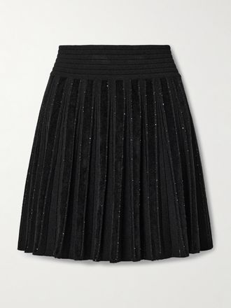 Balmain Minirock Aus Samt Und Rippstrick Mit Pailletten Und Plissee - Schwarz