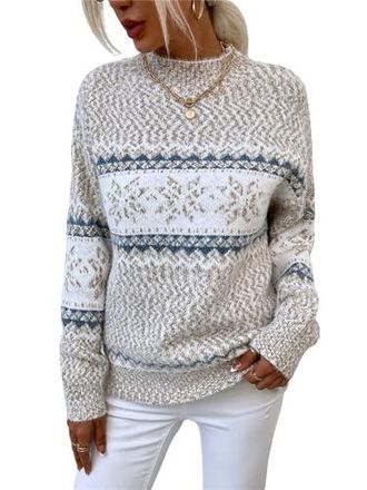 Generic Pull de No&euml;l &agrave; manches longues et col rond pour femme Motif flocon de neige, abricot, XL