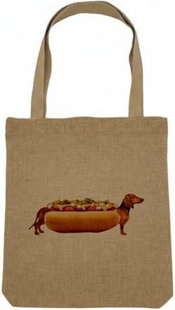 Fabulous Sac Shopping Tote Bag Aspect Lin - Hotdog Daschund Chien Collage Art Surr&eacute;alisme Humour - Sac de Courses Toile Epaisse 360g Beige Naturel Cabas Port&eacute; 