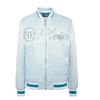 Philipp Plein Satin Bomber Jacket Logo Strass - - Jackets - Herren - Blau - 4XL