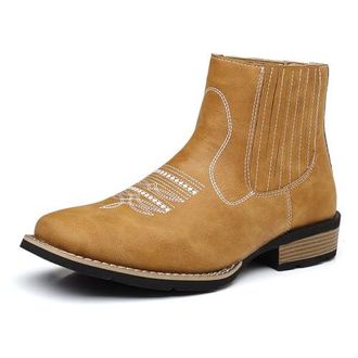 Generic Bottes Cowboy Homme Western Bottines Cheville en Cuir PU Chelsea Slip-on Bout Rond Motif Brod&eacute; R&eacute;tro Classique Ranch Durable Confortable Mode D&eacute;contra