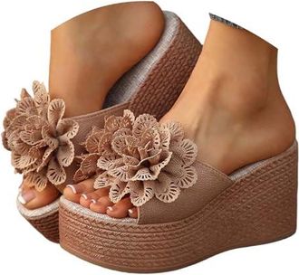 Generic Sandales d&eacute;t&eacute; &agrave; plateforme enfiler talon motif floral respirantes d&eacute;contract&eacute;es chaussures plage femme (Khaki-B, 37)