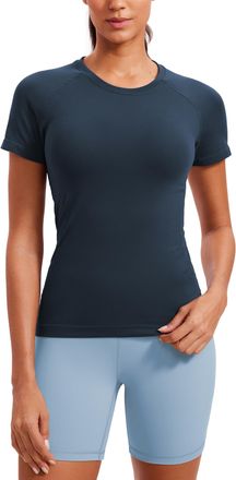 CRZ YOGA Damen Nahtlos Sport T-Shirt Atmungsaktiv Shirts Sportshirt Laufshirt Gym Workout Kurzarm Schmale Shirt Dämmerungsblau 44