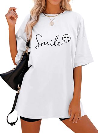 Dresswel Tshirt Damen Oversize Smile T-Shirt Kurzarm Rundhals Oversized Tshirts Lose Sommer Tops Lang Oberteile Bluse f&uuml;r Frauen Teenager M&auml;dchen