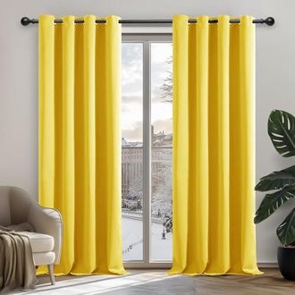 Deconovo Rideaux Occultants Isolant Thermique Anti Froid, Rideaux pour Chambre Fille, Design Moderne &agrave; Oeillets, 140x175 CM (Largeur x Hauteur), Jaune Moutarde
