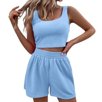 Generic Ensemble 2 pi&egrave;ces de short d&eacute;t&eacute; pour femme avec haut &agrave; manches courtes et short, bleu ciel, L