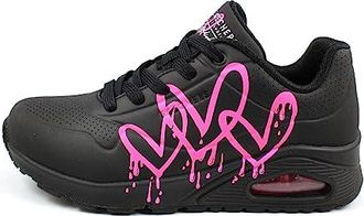Skechers Femme Uno Dripping In Love Basket, Noir avec Imprimé Rose Duraleather Noir M, 37.5 EU