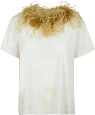 Des_Phemmes Oversized T-Shirt mit Federbesatz - - Tops - Damen - Wei&szlig; - S